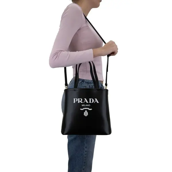 Prada Logo Leather Tote Bag - Black