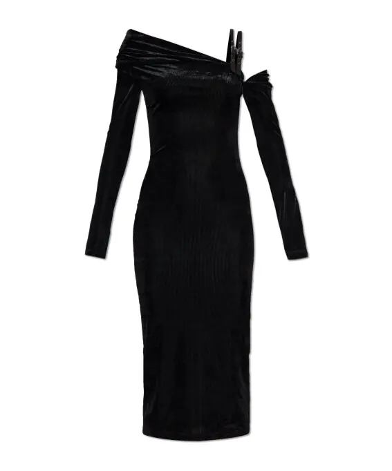 Versace Off-shoulder Velvet Dress With Buckle Detail - Black