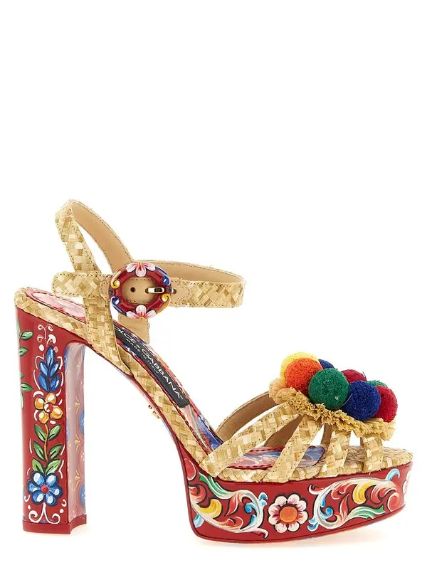 Dolce & Gabbana Raffia Platform Sandals With Pom-pom And Hand-painted Details - Multicolor