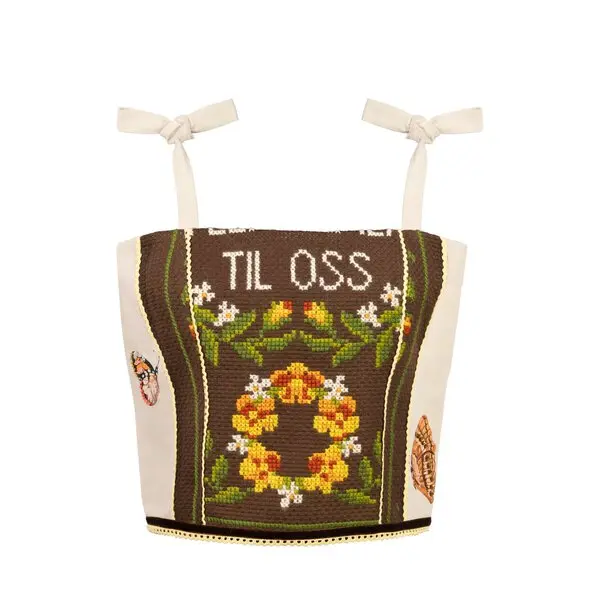 RONDOOZ Nordic Crown Hand-painted Linen Crop Top With Antique Tapestry - Brown