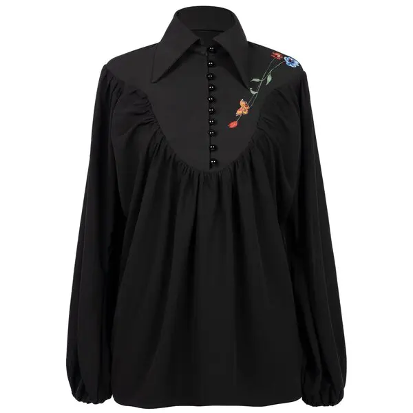 RONDOOZ Hand-painted Chiffon And Crepe Blouse With Embellishments - Black