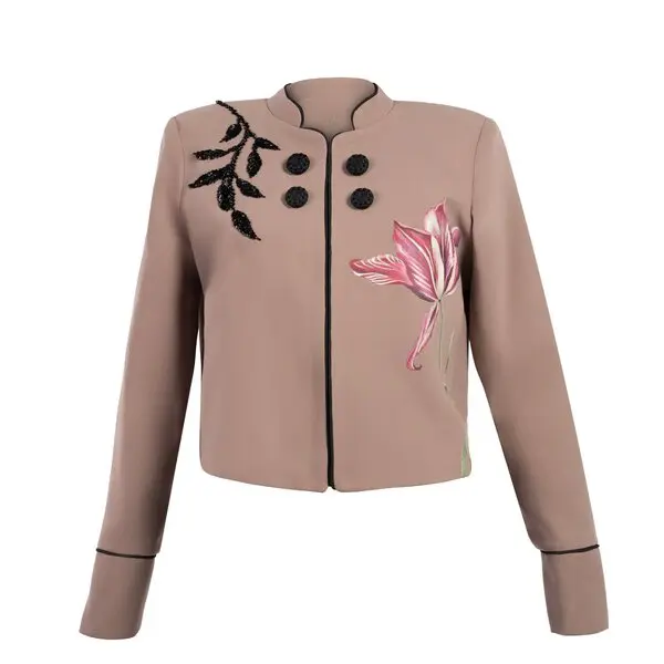 RONDOOZ Obsidian Bloom Hand-painted Crepe Blazer With Stone Embellishment - Brown