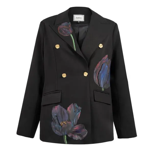 RONDOOZ Hand-painted Floral Embellished Crepe Blazer - Black