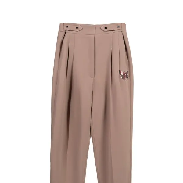 RONDOOZ Tailored Flow Hand Painted Crepe Pants With Floral Stone Embellishment & Butterfly Design - Brown