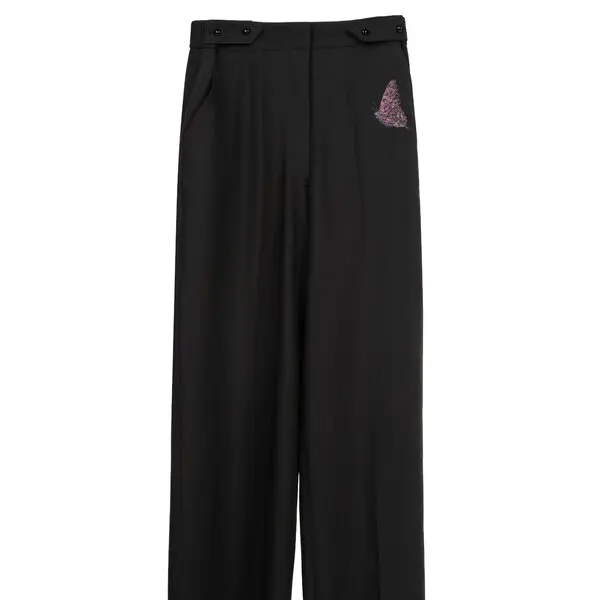 RONDOOZ Hand-painted Crepe Wide-leg Pants With Floral Embellishment - Black