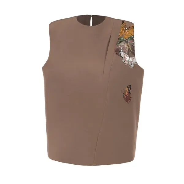 RONDOOZ Hand-painted Butterfly Crepe Top With Stone Embellishments - Brown