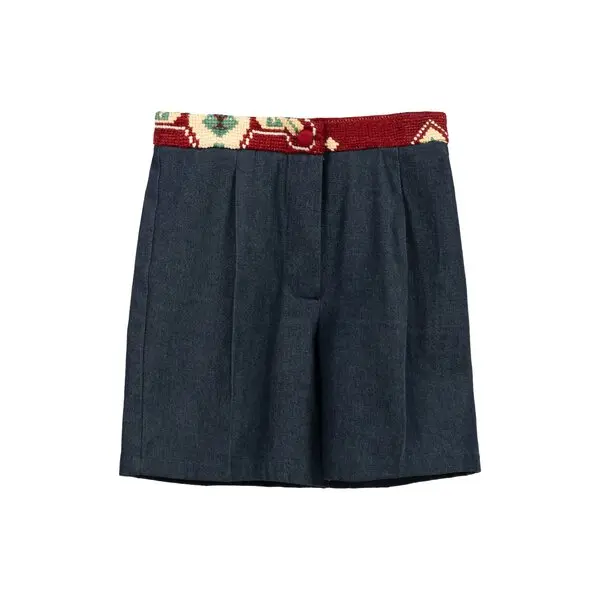 RONDOOZ Nordic Flow Women’s Denim Shorts With Antique Gobelin Tapestry Waistband - Blue