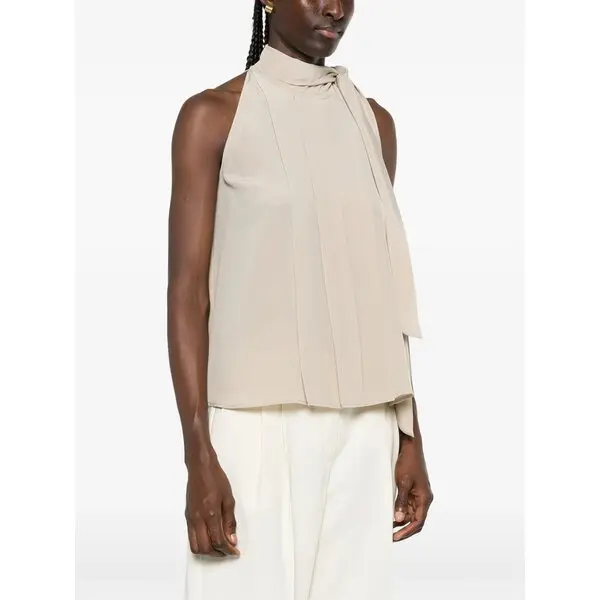 Max Mara Beige Silk Halter Neck Pleated Front Sleeveless Blouse - Cream