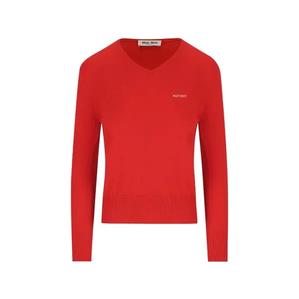Miu Miu Fine Knit V-neck Long Sleeve Sweatshirt - Red
