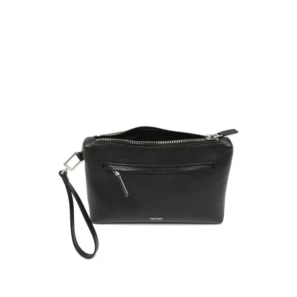 TOM FORD Grained Leather Zip Clutch With Wrist Strap