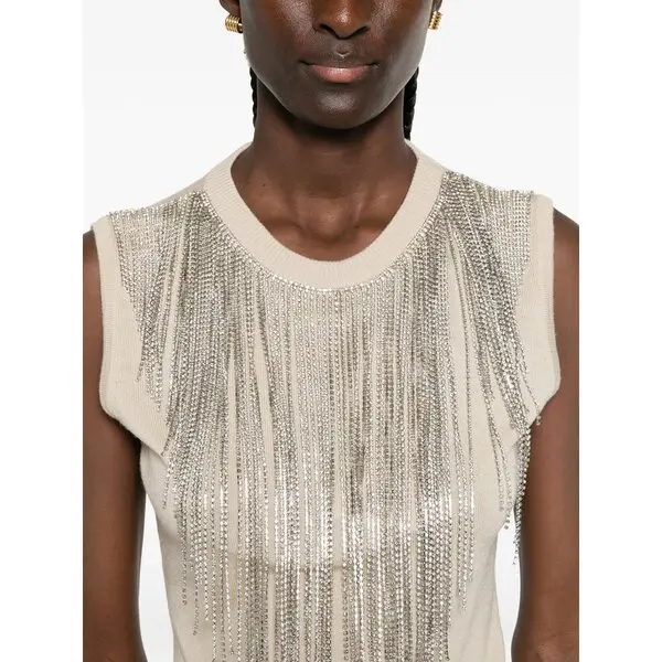 Sportmax Beige Crystal-embellished Fringe Ribbed Knit Sleeveless Crew Neck Top