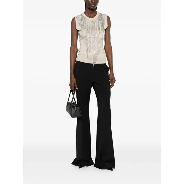 Sportmax Beige Crystal-embellished Fringe Ribbed Knit Sleeveless Crew Neck Top