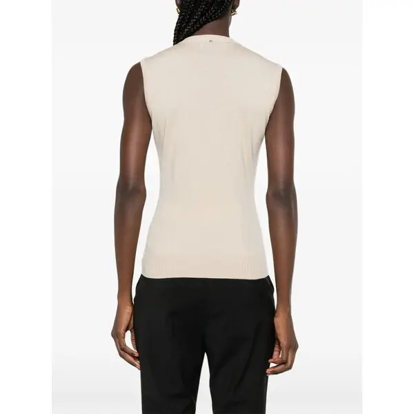 Sportmax Beige Crystal-embellished Fringe Ribbed Knit Sleeveless Crew Neck Top