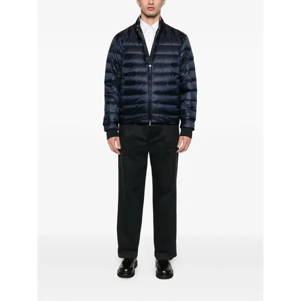 Moncler Padded Down Jacket With Logo Patch And Striped Detailing - Blue