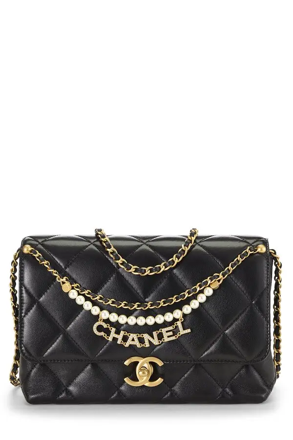Chanel Quilted Lambskin Pearl Logo Flap Bag - Black
