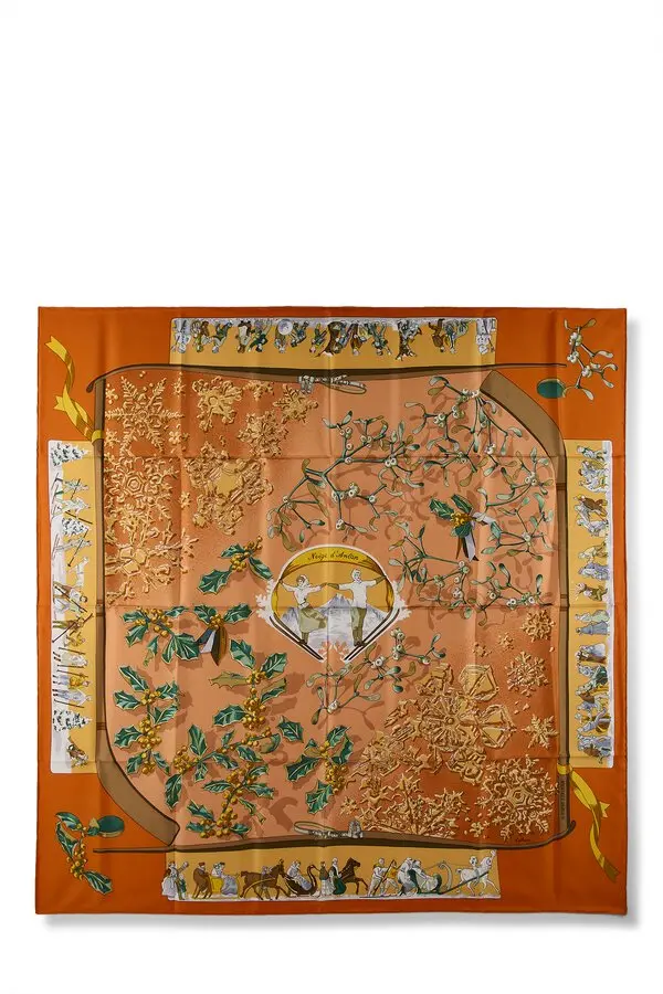 Hermès Multicolor 'neige D'antan' Silk Scarf 90 - Orange