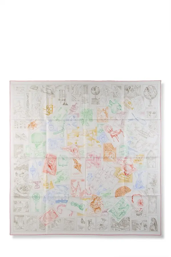 Hermès White & Multicolor 'le Philateliste Du Faubourg' Silk Scarf 90 - Multi