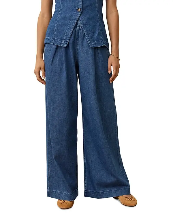 Marine Layer Allison Pleated Wide Leg Denim Pants - Medium Wash