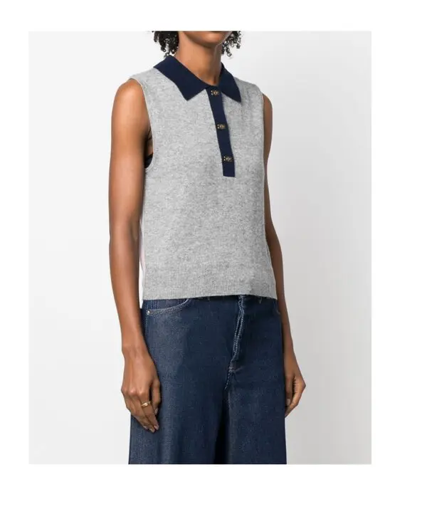 GANNI Sleeveless Polo Collar Top - Gray
