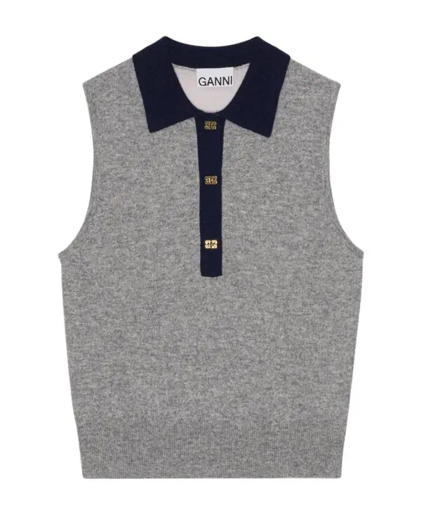 GANNI Sleeveless Polo Collar Top - No