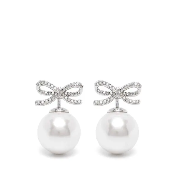 SELF-PORTRAIT Tone Crystal Embellished Bow Motif Pearl Detail Earrings - Silver