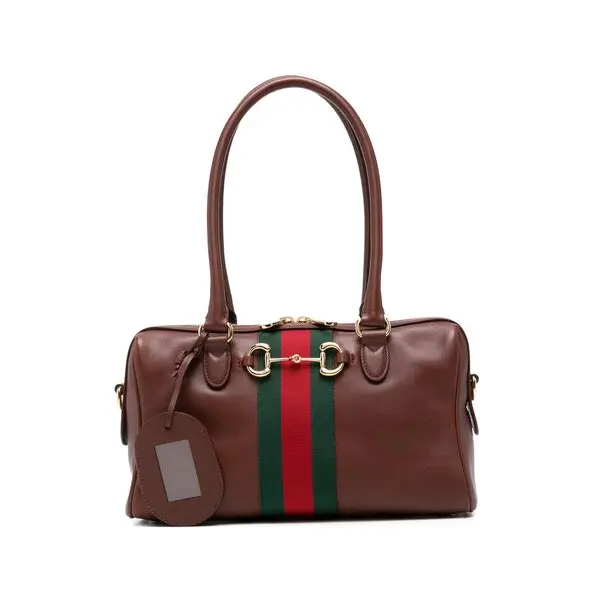 Gucci Brown Leather Tote Bag With Web Stripe Detail - Multicolor