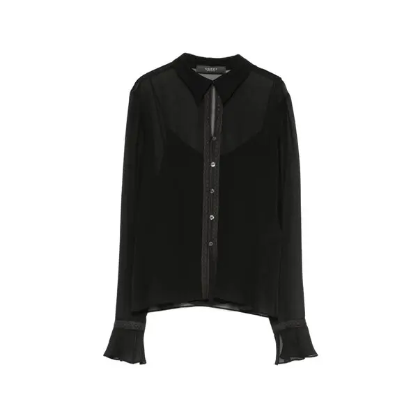 Gucci Silk Sheer Lace Trim Long Sleeve Blouse - Black