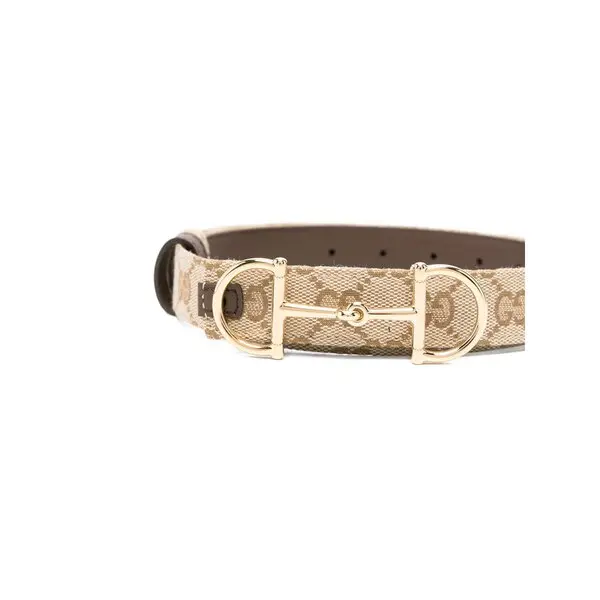 Gucci Monogrammed Canvas Belt With Gold Tone Horsebit Detail - Cream