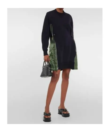 Sacai Navy Cotton Mini Dress With Contrast Zip Panels