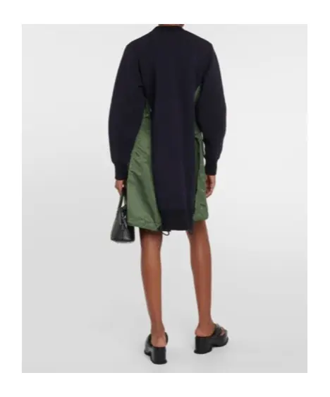 Sacai Navy Cotton Mini Dress With Contrast Zip Panels