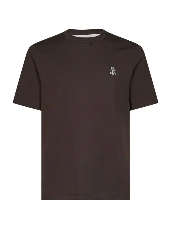 Brunello Cucinelli Dark Brown Cotton Jersey Logo Crewneck T-shirt - Multicolor
