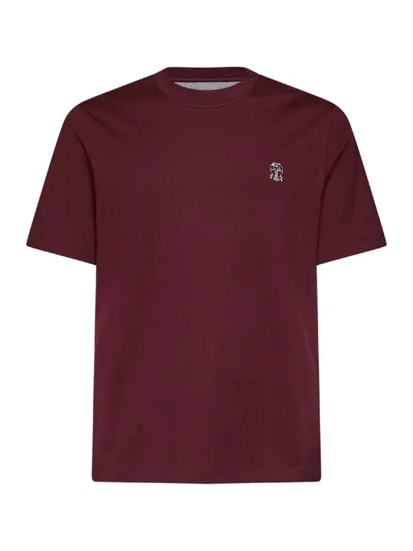 Brunello Cucinelli Burgundy Cotton Jersey Logo Crewneck T-shirt - Multicolor