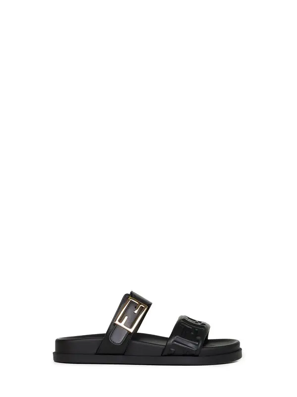 Fendi Black Nappa Leather Double Strap Slides With Baguette Buckle - Multicolor