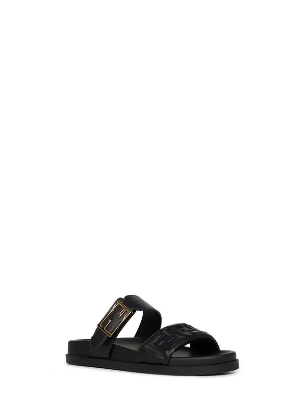 Fendi Black Nappa Leather Double Strap Slides With Baguette Buckle
