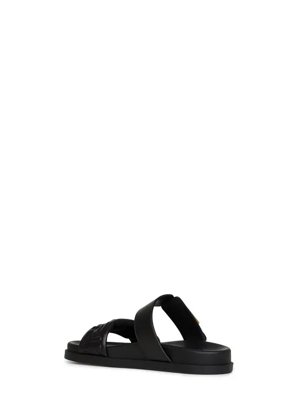 Fendi Black Nappa Leather Double Strap Slides With Baguette Buckle