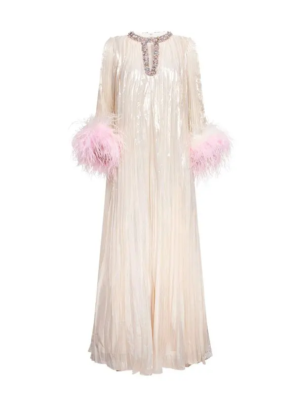 SELF-PORTRAIT Champagne Metallic Pleated Caftan Maxi Dress - Multicolor