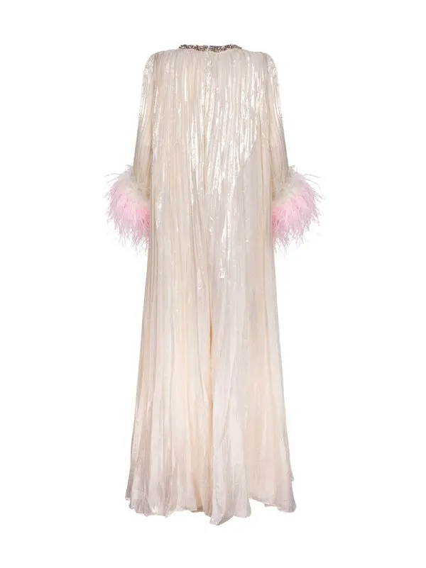 SELF-PORTRAIT Metallic Pleated Maxi Dress With Feather Cuffs - Multicolor