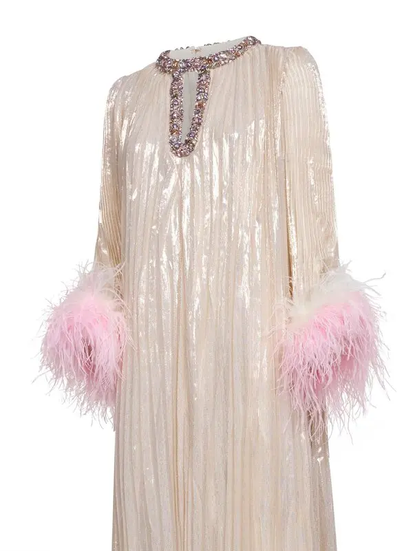 SELF-PORTRAIT Metallic Pleated Maxi Dress With Feather Cuffs - Multicolor