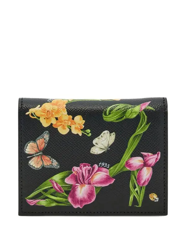 FERRAGAMO Floral Print Gancini Compact Wallet - Black