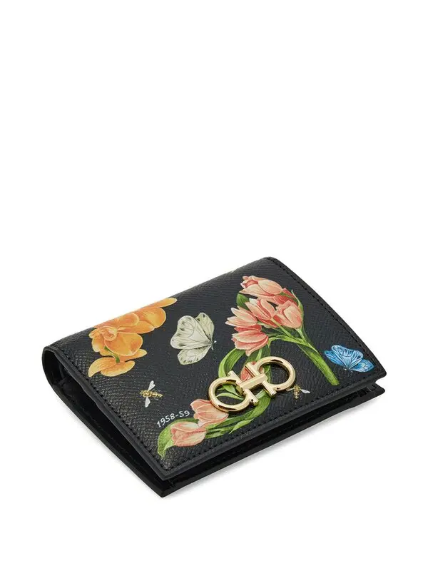 FERRAGAMO Floral Print Gancini Compact Wallet - Black