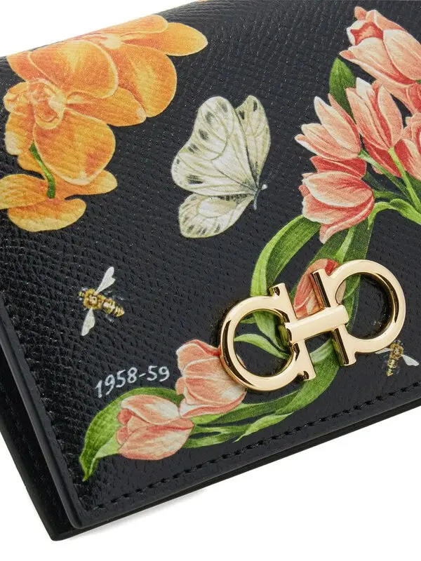 FERRAGAMO Floral Print Gancini Compact Wallet - Black