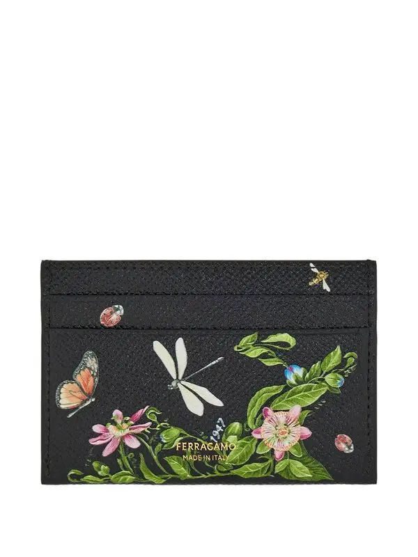 FERRAGAMO Gancini Card Holder With Floral Print - Black