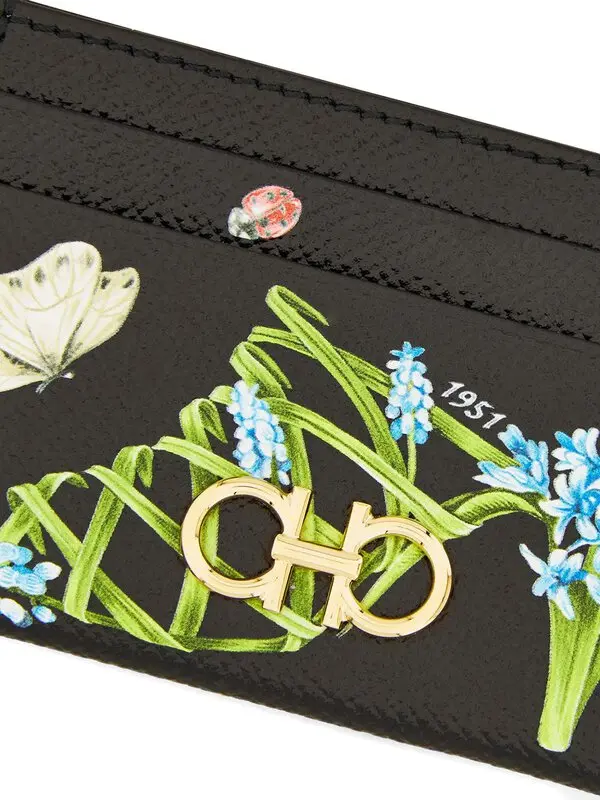 FERRAGAMO Gancini Card Holder With Floral Print - Black