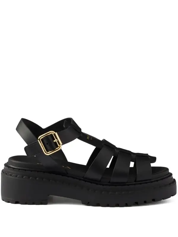 Prada Fisherman`s Leather Flatform Sandals - Black