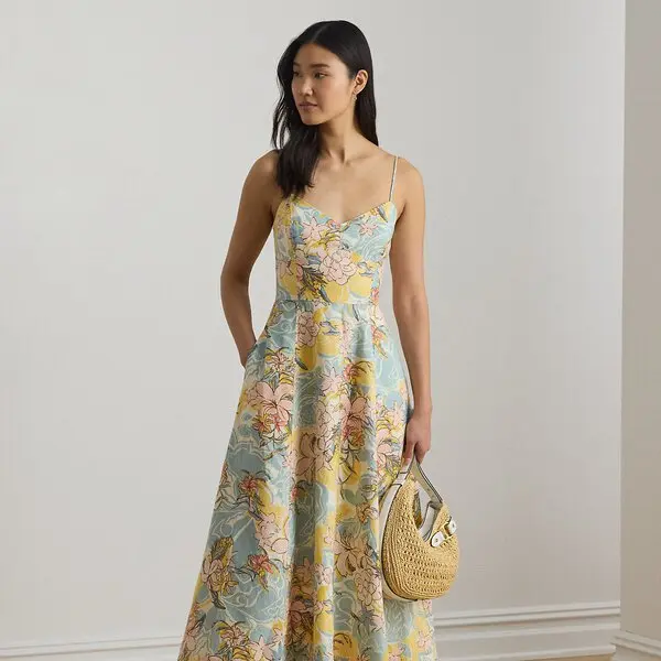 Ralph Lauren Floral Linen Sleeveless Midi Dress - Cream/blue Multi
