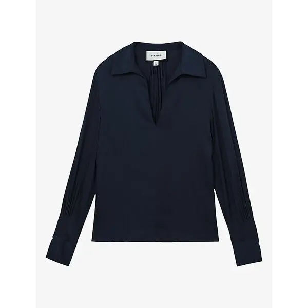 REISS Orla Open-collar Stretch Silk-blend Blouse - Navy