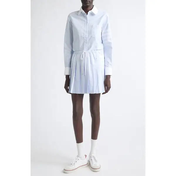 Thom Browne Pleated Cotton Miniskirt With 4-bar Detail - Light Blue