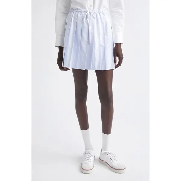 Thom Browne Pleated Cotton Miniskirt With 4-bar Detail - Light Blue