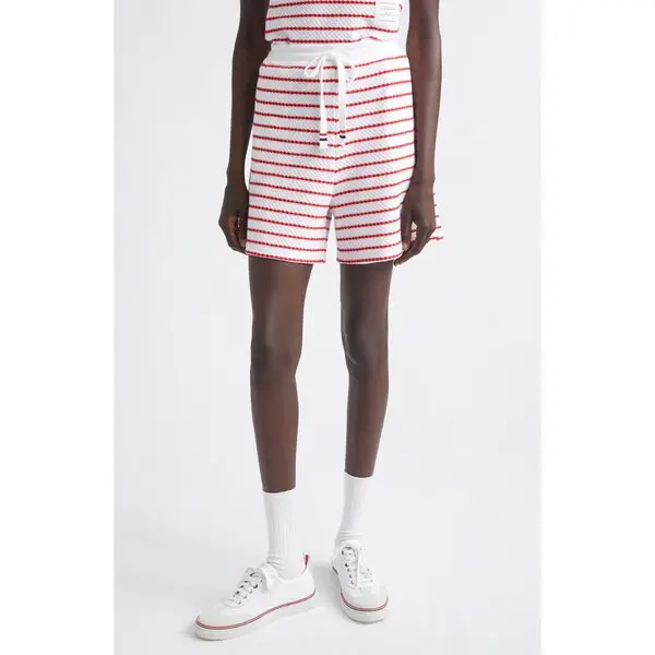 Thom Browne Stripe Cotton Honeycomb Jacquard Shorts - White/red