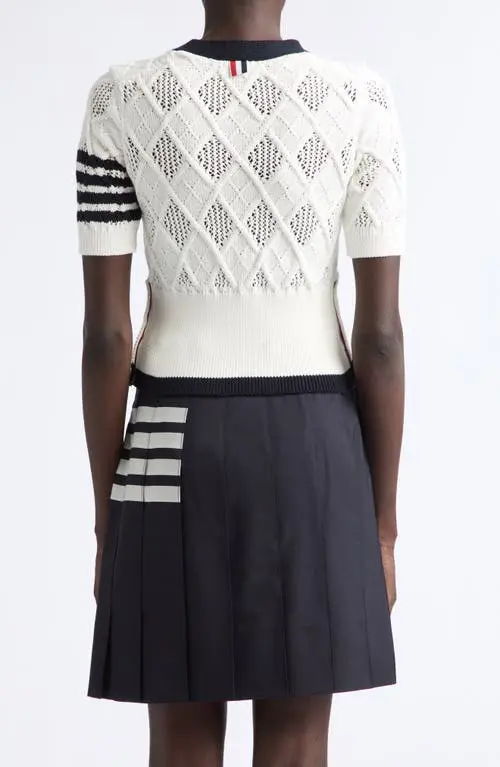 Thom Browne 4-bar Argyle Pointelle Stitch Short Sleeve Cardigan - White
